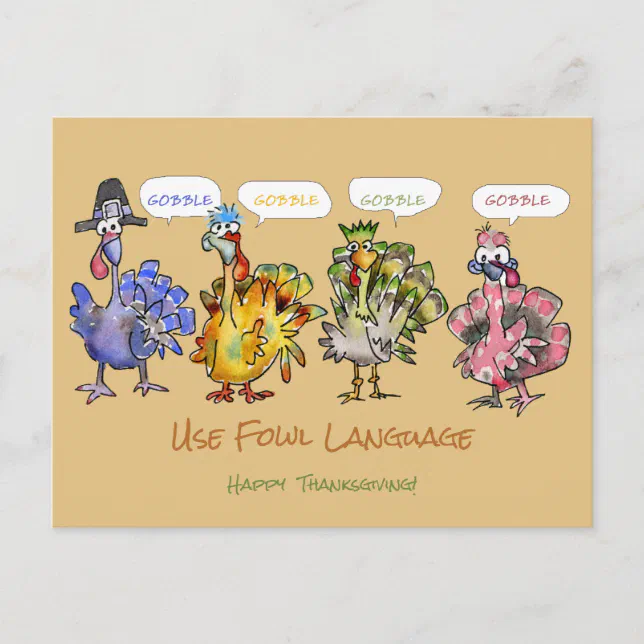 Happy Thanksgiving Turkeys Fowl Language Holiday Postcard | Zazzle