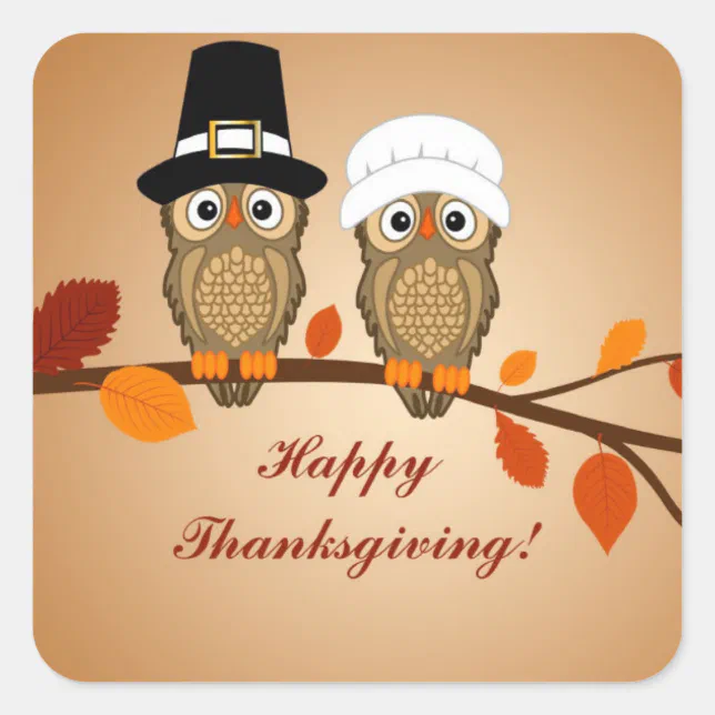 happy thanksgiving two cute owls square sticker | Zazzle