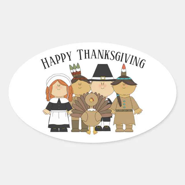 Happy Thanksgiving with Pilgrims and Indians Oval Sticker | Zazzle