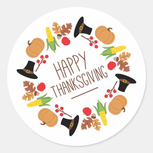 Happy Thanksgiving Wreath Classic Round Sticker | Zazzle