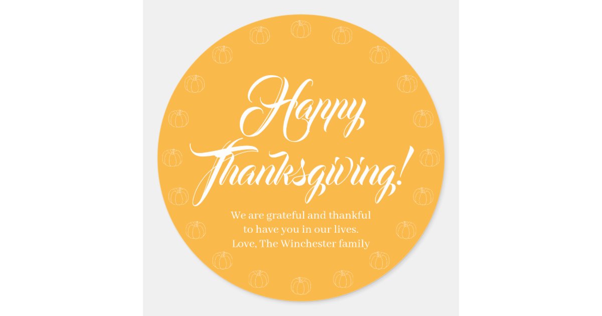 Happy Thanksgiving yellow script text cute pumpkin Classic Round ...