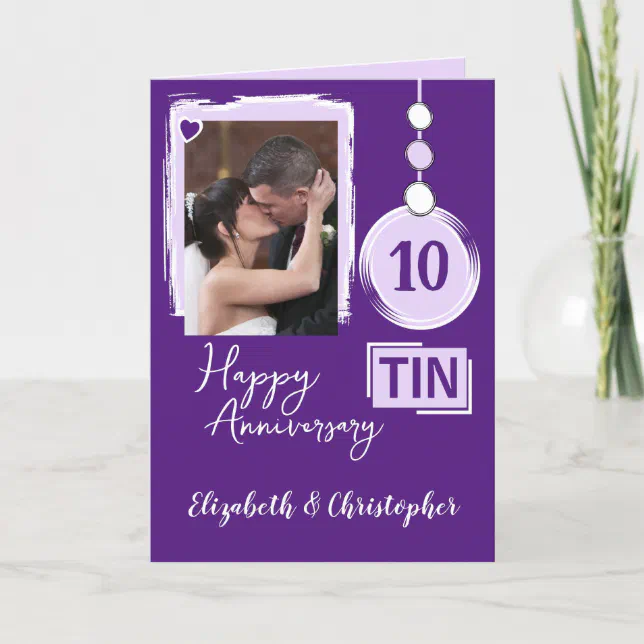 Happy Tin 10th Anniversary 2 photo names purple Card | Zazzle
