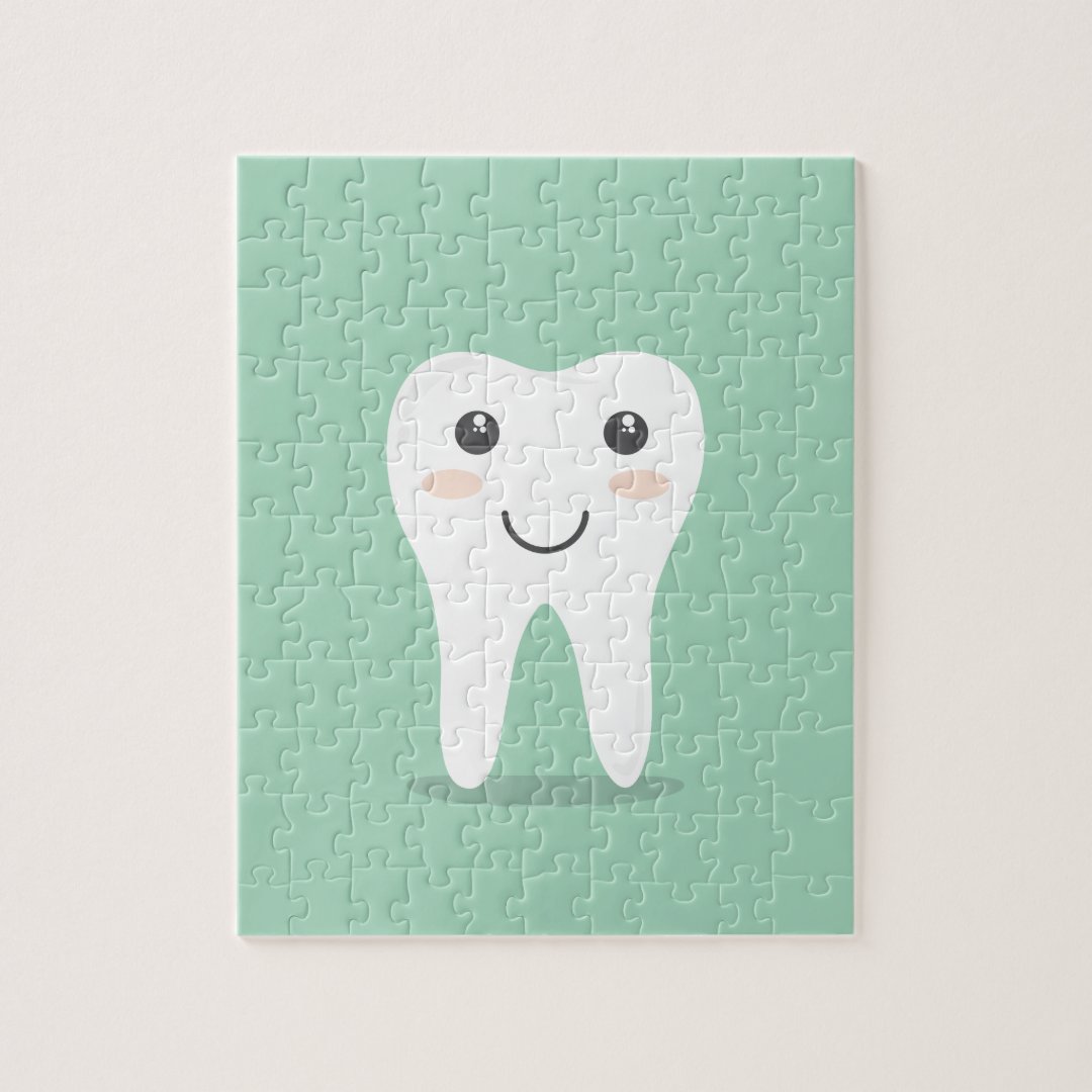 Happy Tooth cartoon dentist brushing toothbrush Jigsaw Puzzle | Zazzle