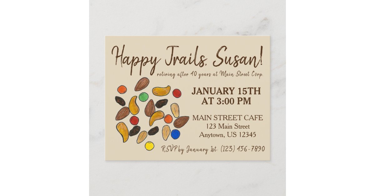 Happy Trails Trail Mix Going Away Retirement Party Invitation Postcard ...
