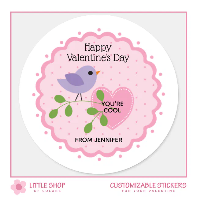 Happy Valentine’s Day Pink Heart with Bird Classic Round Sticker | Zazzle
