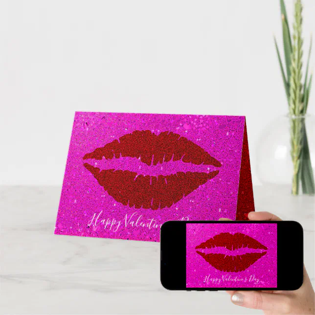 Happy Valentine’s Day Red Lips on Pink Glitter Holiday Card | Zazzle