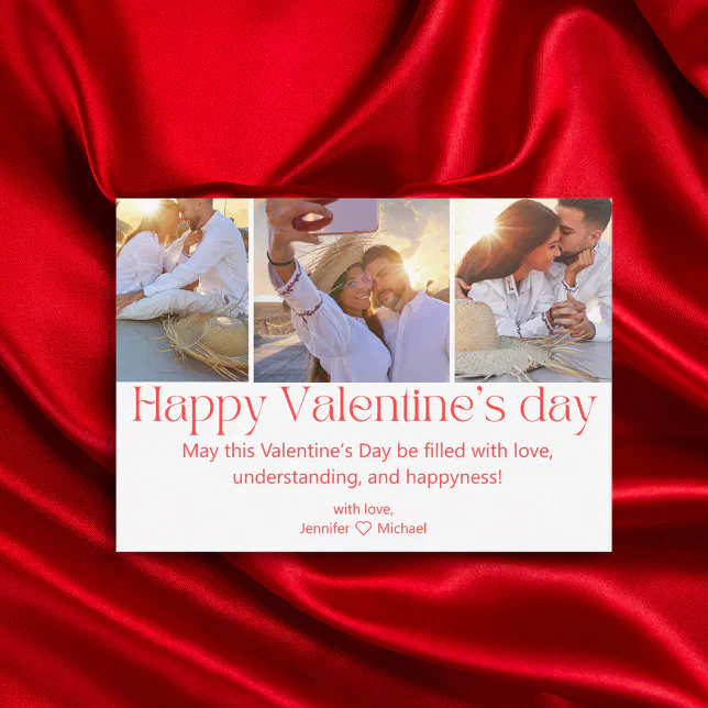 happy valentines day 3 photos collage minimal red note card | Zazzle