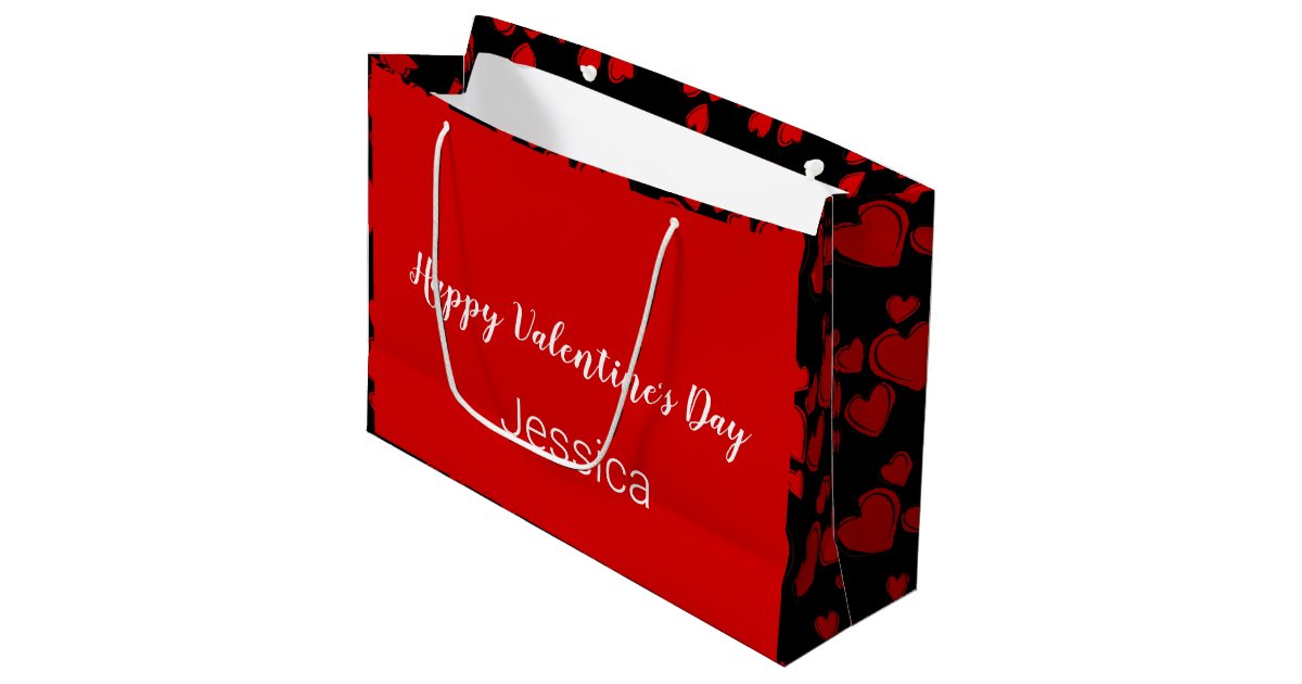 Happy Valentine's Day Black and Red with Hearts Large Gift Bag | Zazzle