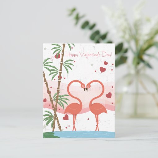 Happy Valentine's Day Cute Flamingo Hearts Bamboo Holiday Postcard | Zazzle