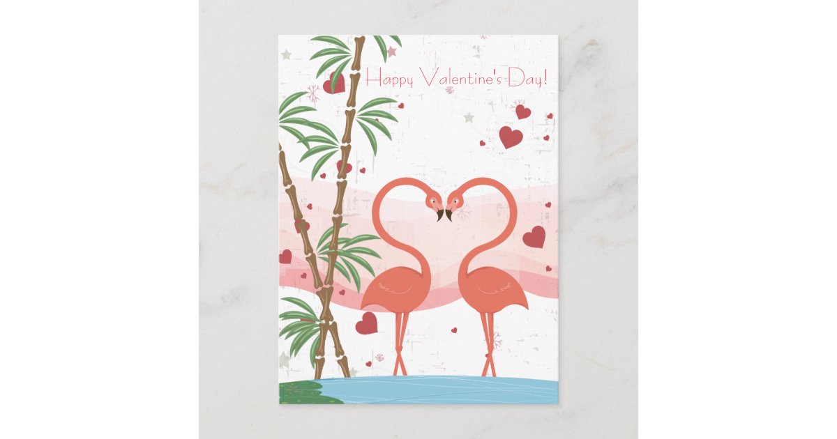 Happy Valentine's Day Cute Flamingo Hearts Bamboo Holiday Postcard | Zazzle