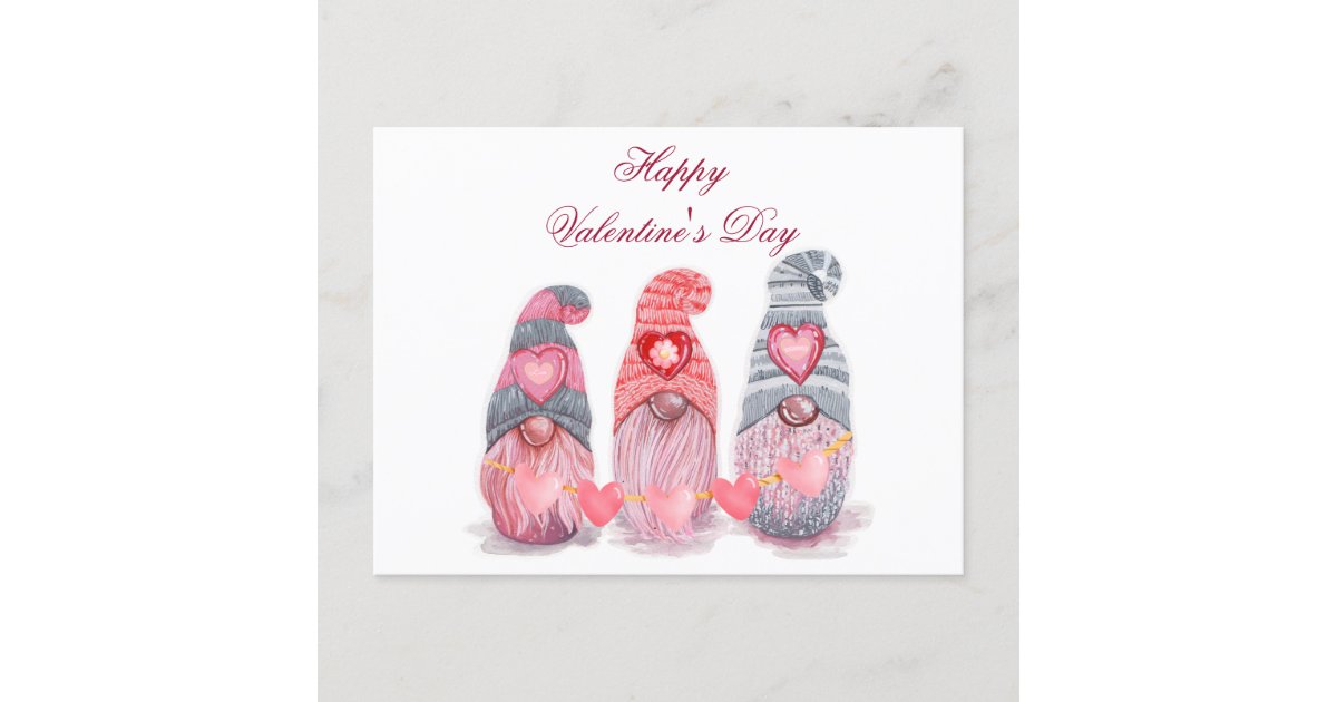 Happy Valentine's Day Cute Gnomes with Hearts Postcard | Zazzle