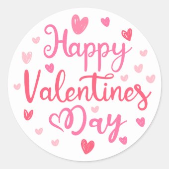 Happy Valentine's Day Elegant Script Pink Hearts Classic Round Sticker ...