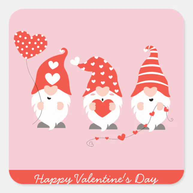 Happy Valentines Day Gnomes Red Pink Square Sticker | Zazzle