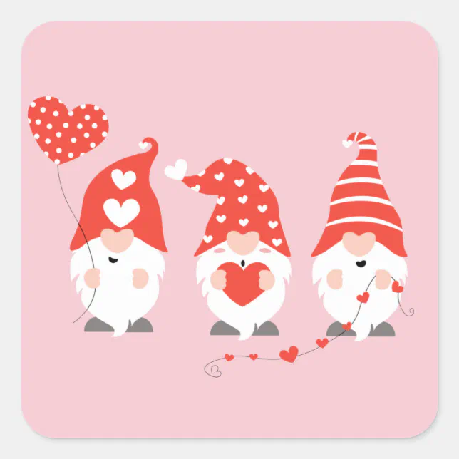 Happy Valentines Day Gnomes Red Pink Square Sticker | Zazzle