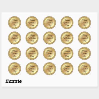 happy valentines day, gold metallic glitters classic round sticker | Zazzle