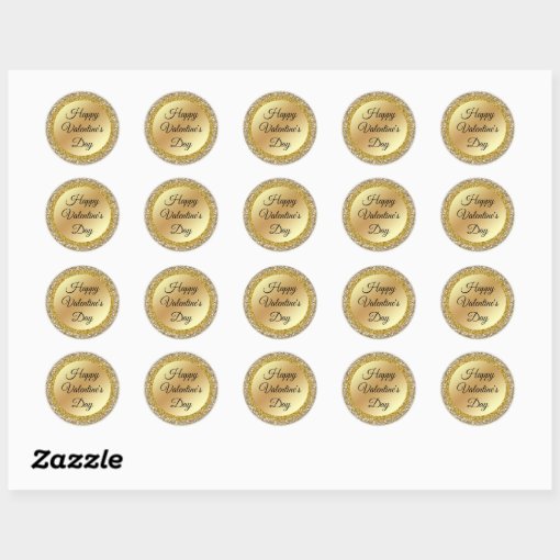 happy valentines day, gold metallic glitters classic round sticker | Zazzle