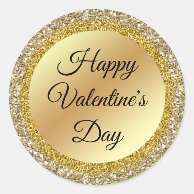 happy valentines day, gold metallic glitters classic round sticker | Zazzle