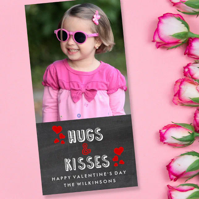 Happy Valentine's Day Hugs Kisses Chalkboard Photo Holiday Card | Zazzle
