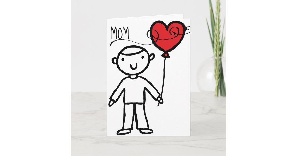 Happy Valentine's Day Mom Red Heart Boy Cartoon Holiday Card | Zazzle