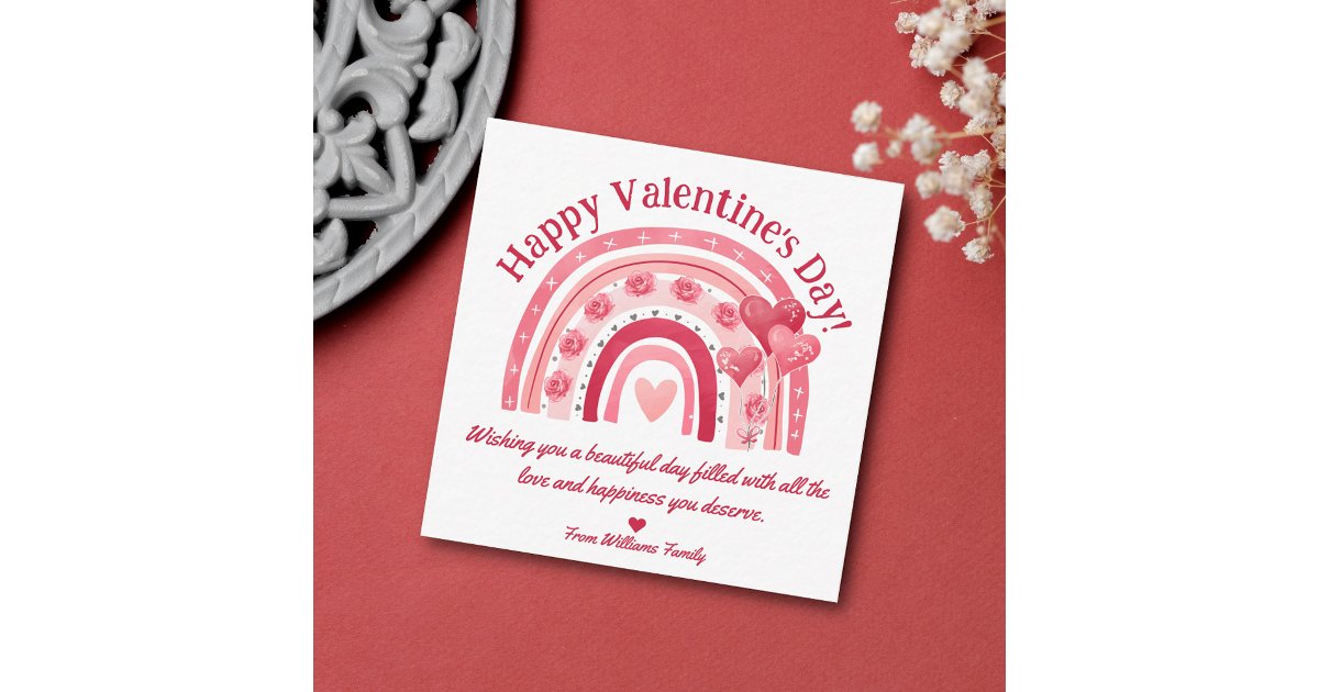 happy valentines day, pink boho rainbow hearts note card | Zazzle