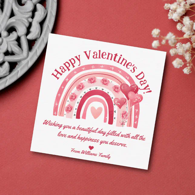 happy valentines day, pink boho rainbow hearts note card | Zazzle