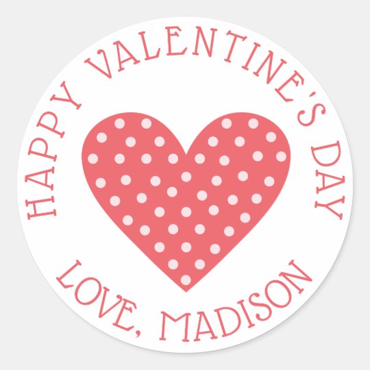 Happy Valentine's Day | Pink Polka Heart Classic Round Sticker | Zazzle.com