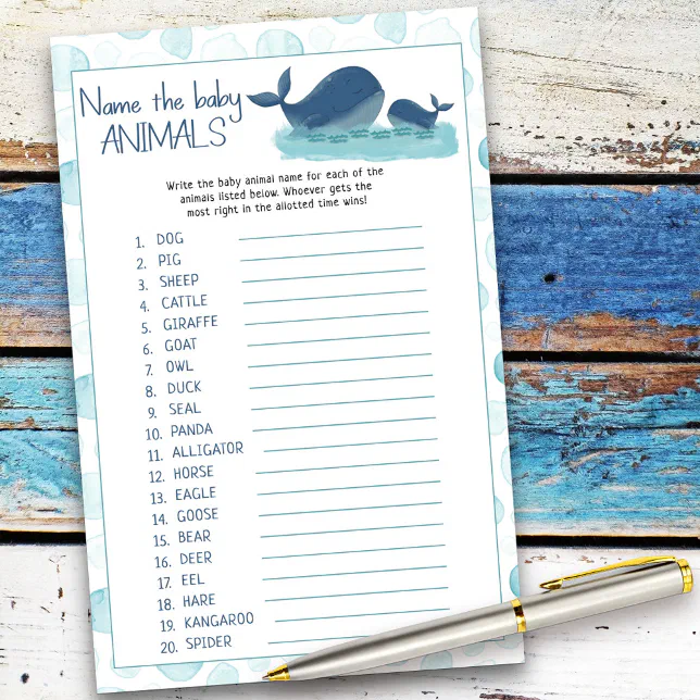 Happy Whales Baby Animals Baby Shower Quiz Game | Zazzle