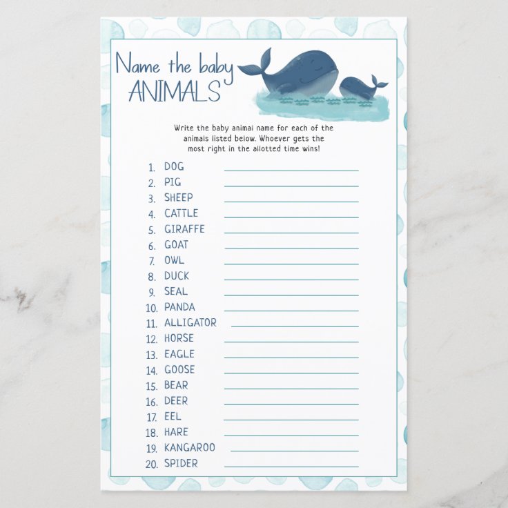 Happy Whales Baby Animals Baby Shower Quiz Game | Zazzle