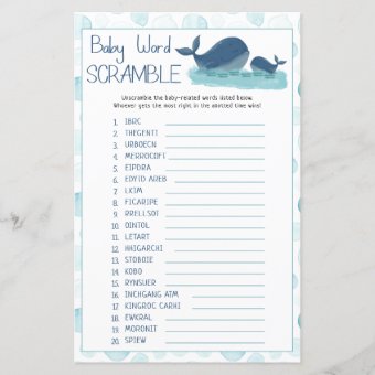 Happy Whales Baby Word Scramble Baby Shower Game | Zazzle