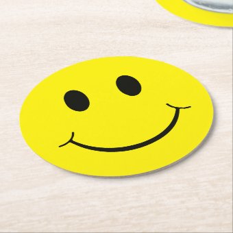 Happy Yellow Face Graphic Round Paper Coaster | Zazzle
