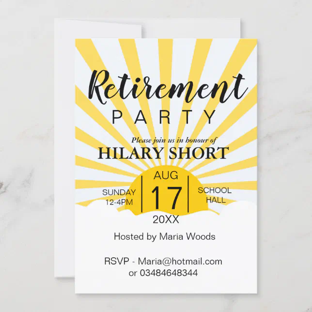 Happy yellow sun ray retirement party invitation | Zazzle