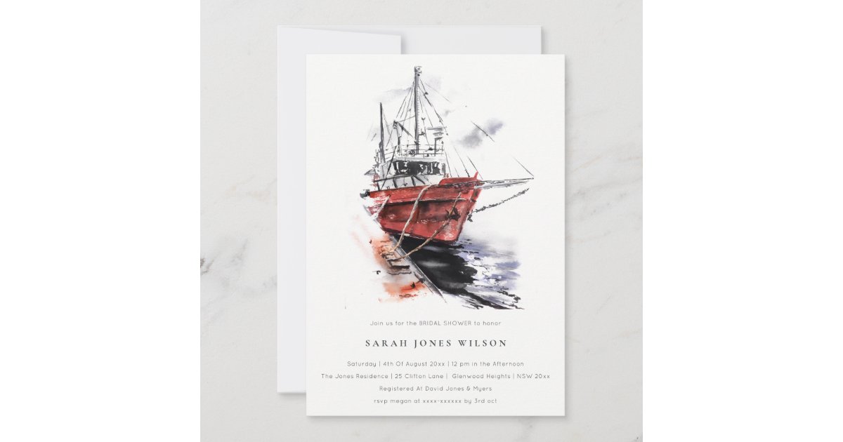 Harbor Yacht Sailboat Watercolor Bridal Shower Invitation | Zazzle