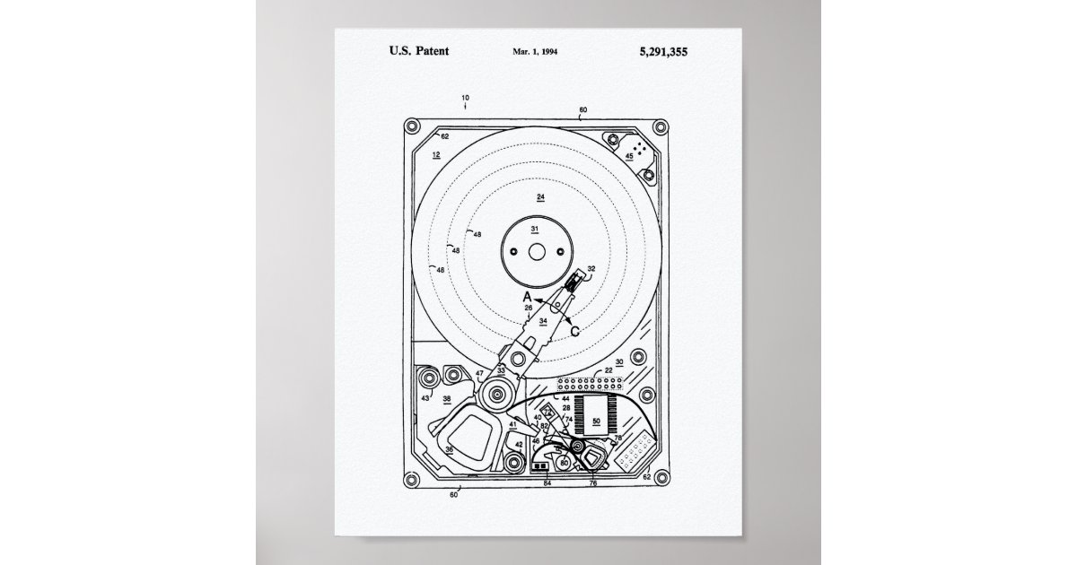 Hard Disk Drive 1994 Patent Art White Paper Poster | Zazzle