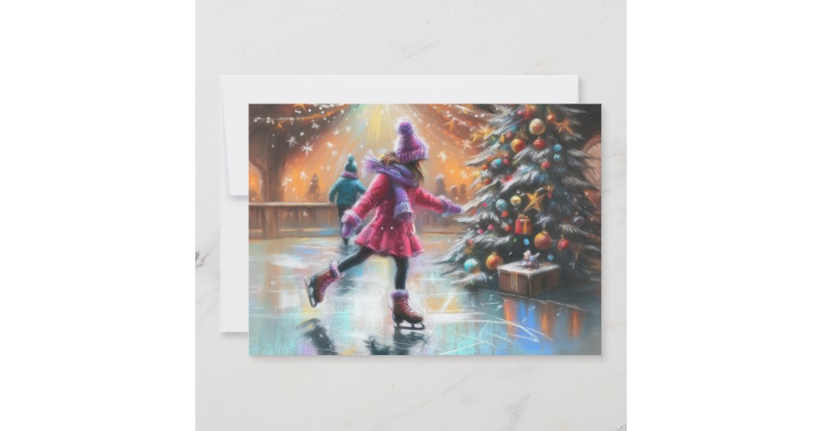 Hard Pastel Drawing Christmas Ice Skating Card | Zazzle