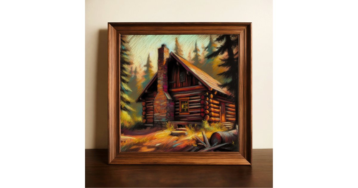 Hard Pastel Drawing of Log Cabin in the Woods Poster | Zazzle
