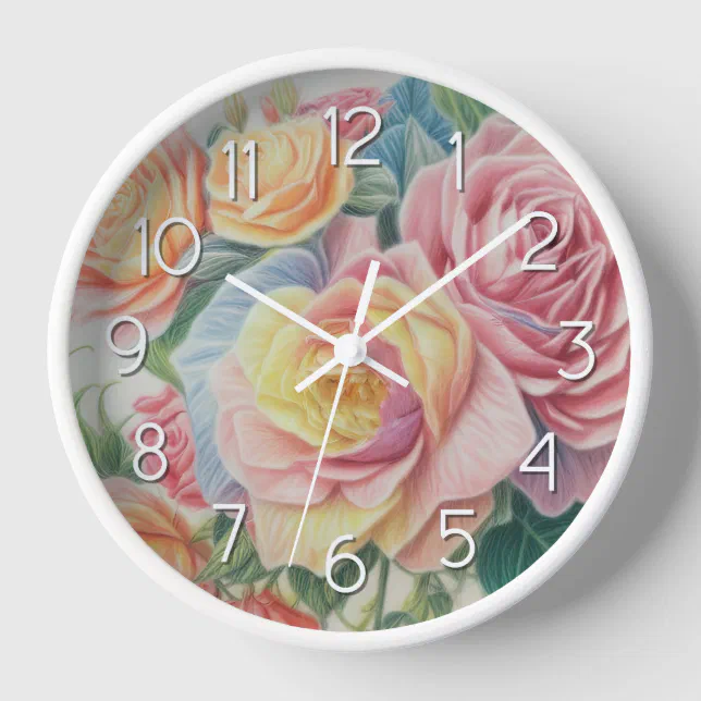 Hard Pastel Drawing Roses Clock | Zazzle