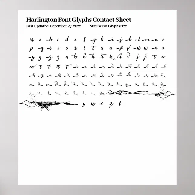 Harlington Font Glyphs Contact Sheet Poster | Zazzle