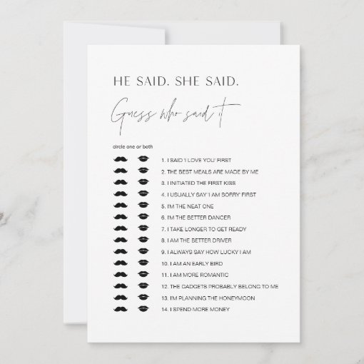 HARLOW He Said, She Said Bridal Shower Game Card | Zazzle