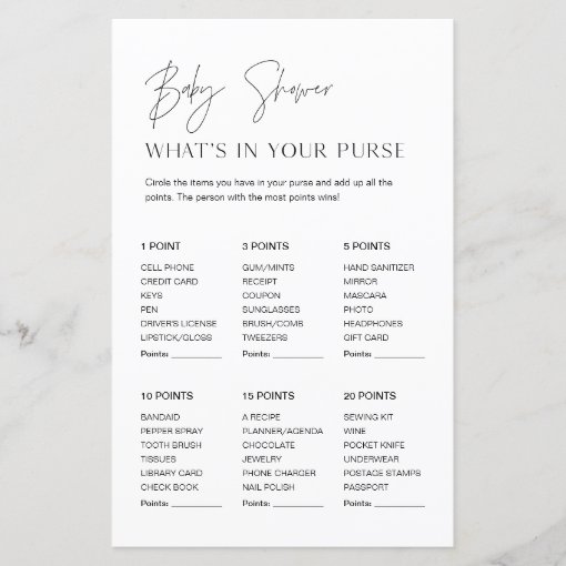 HARLOW What's In Your Purse Baby Shower Game | Zazzle