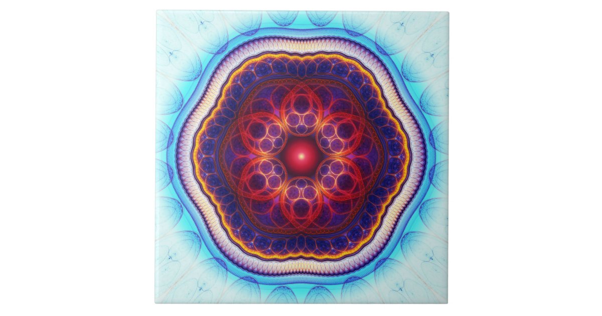 Harmonic fractal red blue mandala ceramic tile | Zazzle