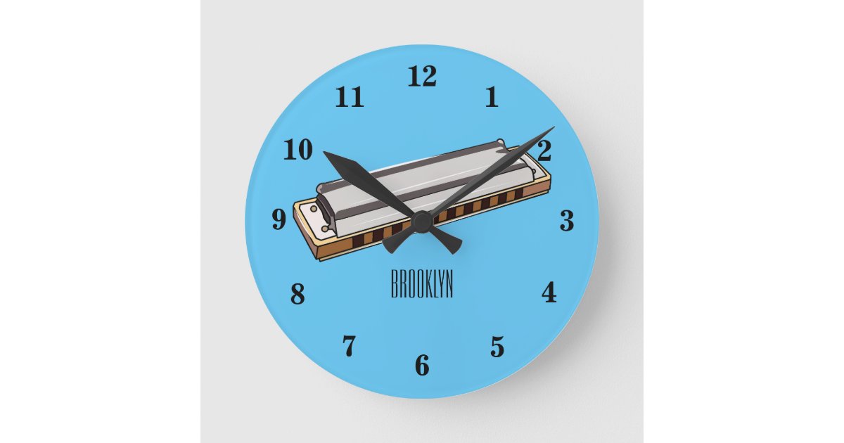 Harmonica cartoon illustration round clock | Zazzle