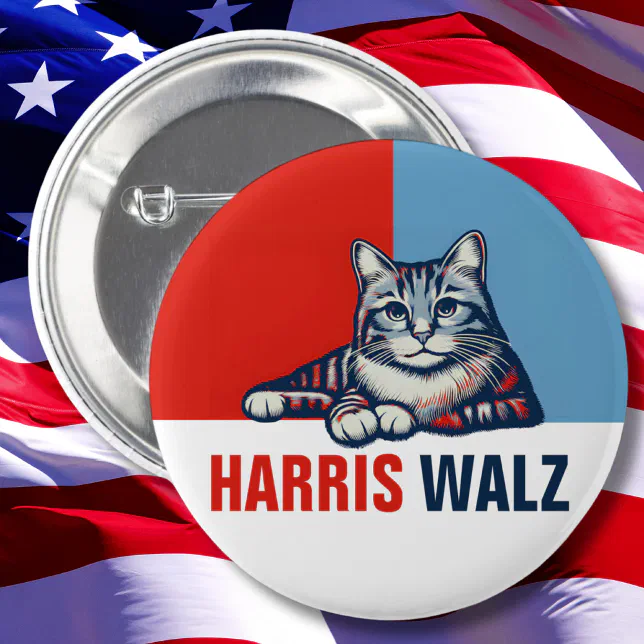 Harris Walz 2024 Obviously Red Blue Cat Button | Zazzle