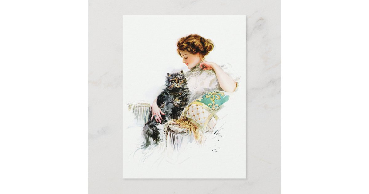 Harrison Fisher: Woman with Cat Postcard | Zazzle
