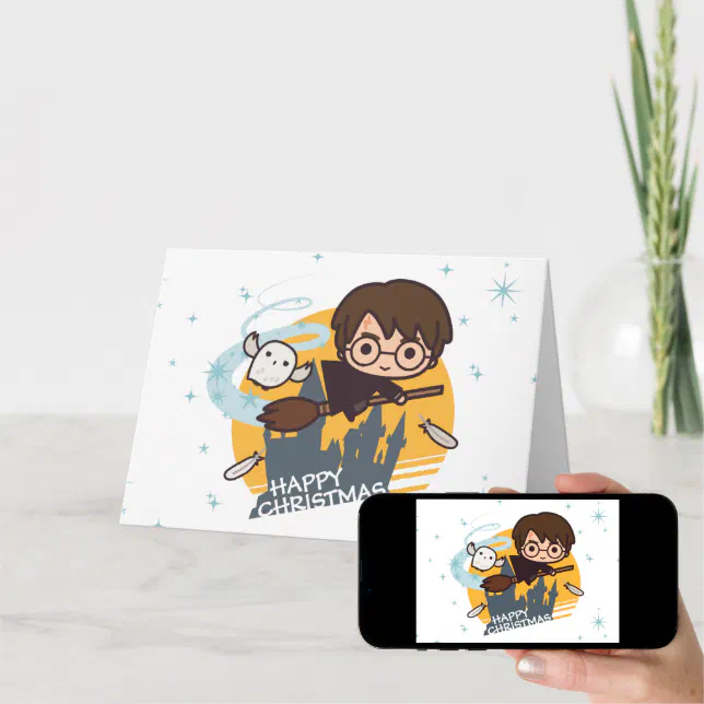 Harry and Hedwig Flying Past Hogwarts Christmas Holiday Card | Zazzle