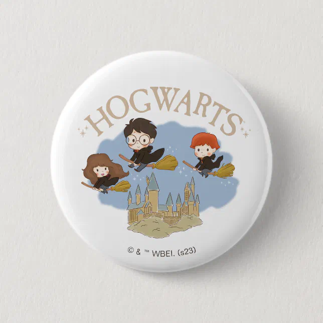 HARRY POTTER™, Hermione, & Ron Fly Over HOGWARTS™ Button | Zazzle