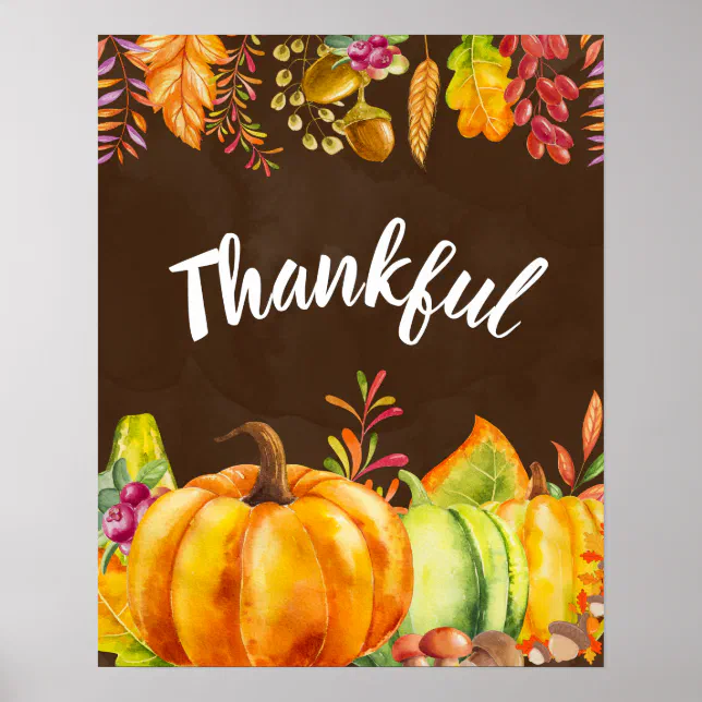 Harvest Pumpkins, Leaves and Foliage Thankful Poster | Zazzle