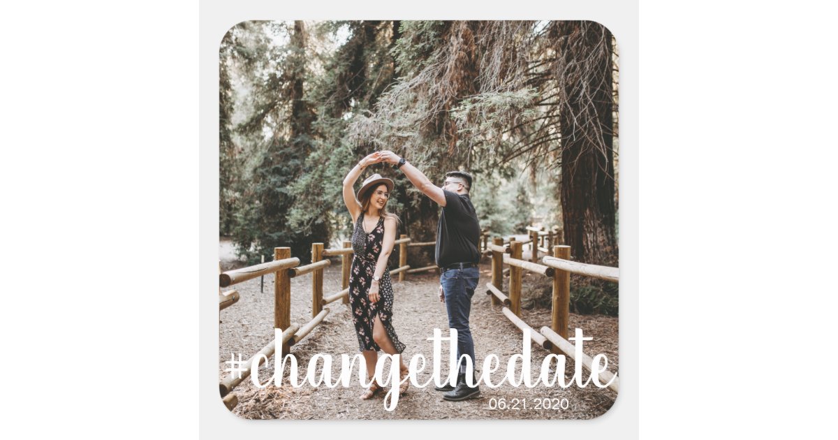 hashtag change the date photo modern wedding square sticker | Zazzle