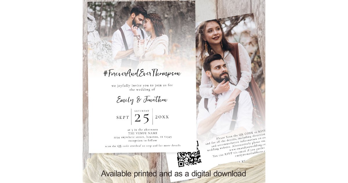 Hashtag Forever Name 2 Photo Overlay QR Wedding Invitation | Zazzle