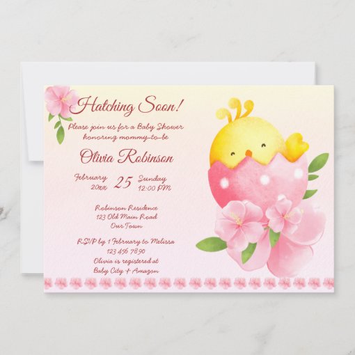 Hatching soon chicken girl pink spring baby shower invitation | Zazzle