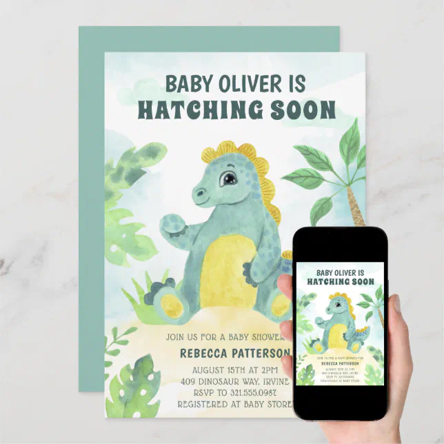Hatching Soon Cute Boy Dinosaur Baby Shower Invitation | Zazzle